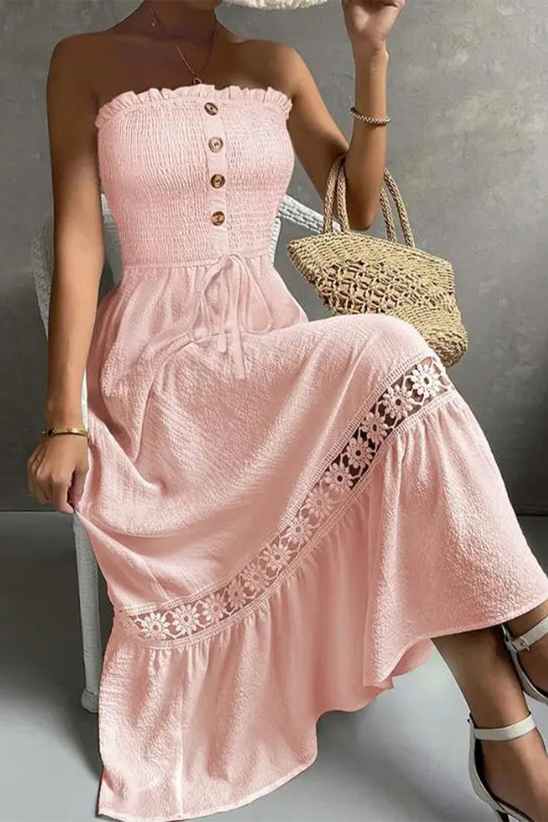 Sexy Vacation Solid Lace Buttons Strapless Strapless Dress Dresses ...